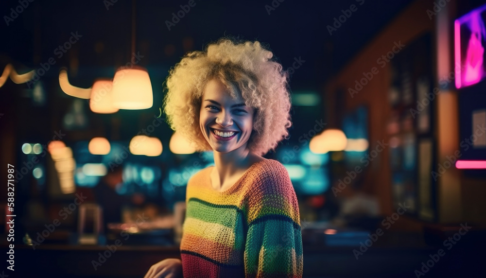 Single girl in a bar going out alone in the moody nightlife in dim ...