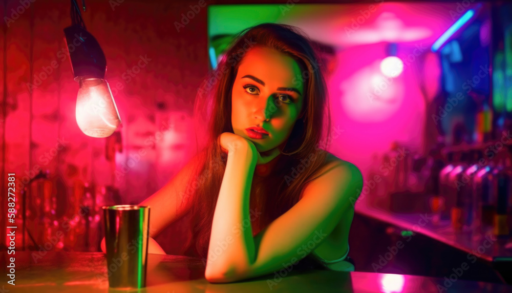 Single girl in a bar going out alone in the moody nightlife in dim ...