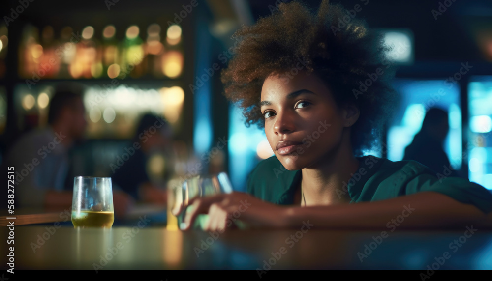 Single girl in a bar going out alone in the moody nightlife in dim ...