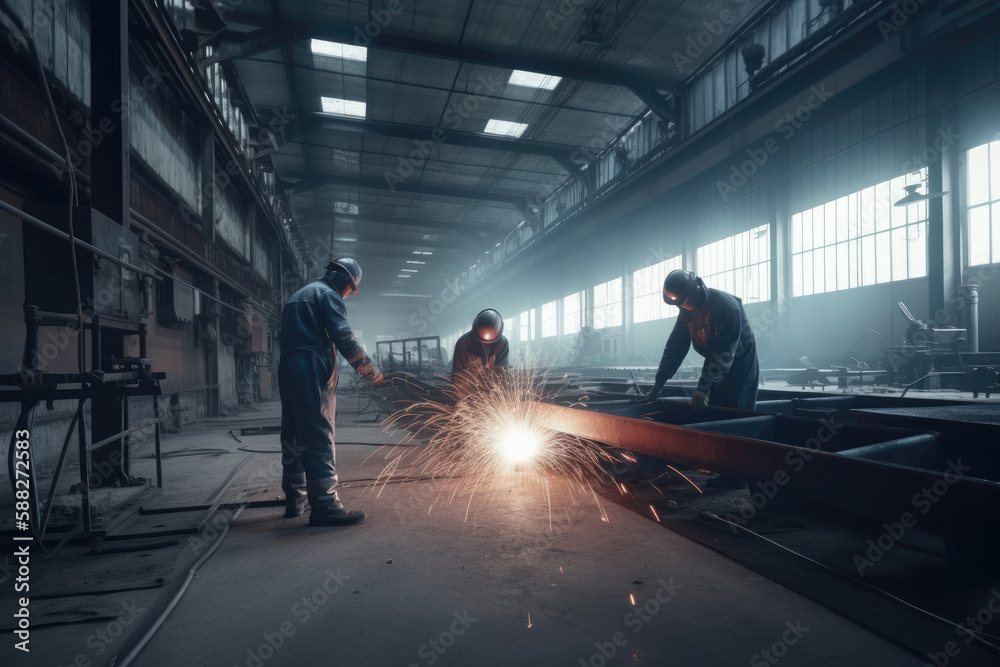 Heavy industrial engineering factory interior with industrial workers ...
