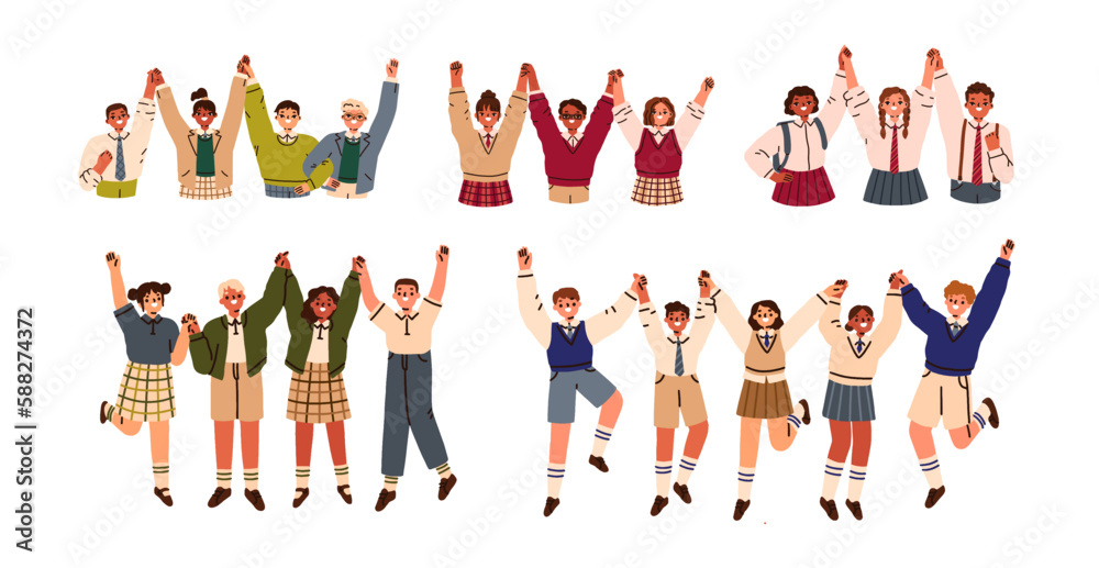 Happy school students celebrating, jumping up and holding hands ...