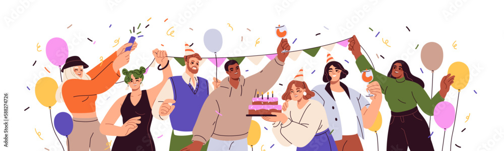 Happy people celebrating birthday party with cake. Corporate office ...