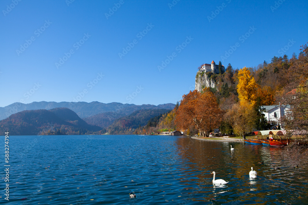 Bled Castle built on top of a cliff overlooking lake Bled, located in ...