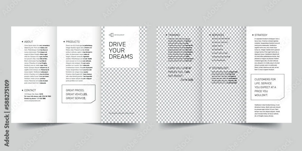 Car Dealership trifold brochure template. A clean, modern, and high ...