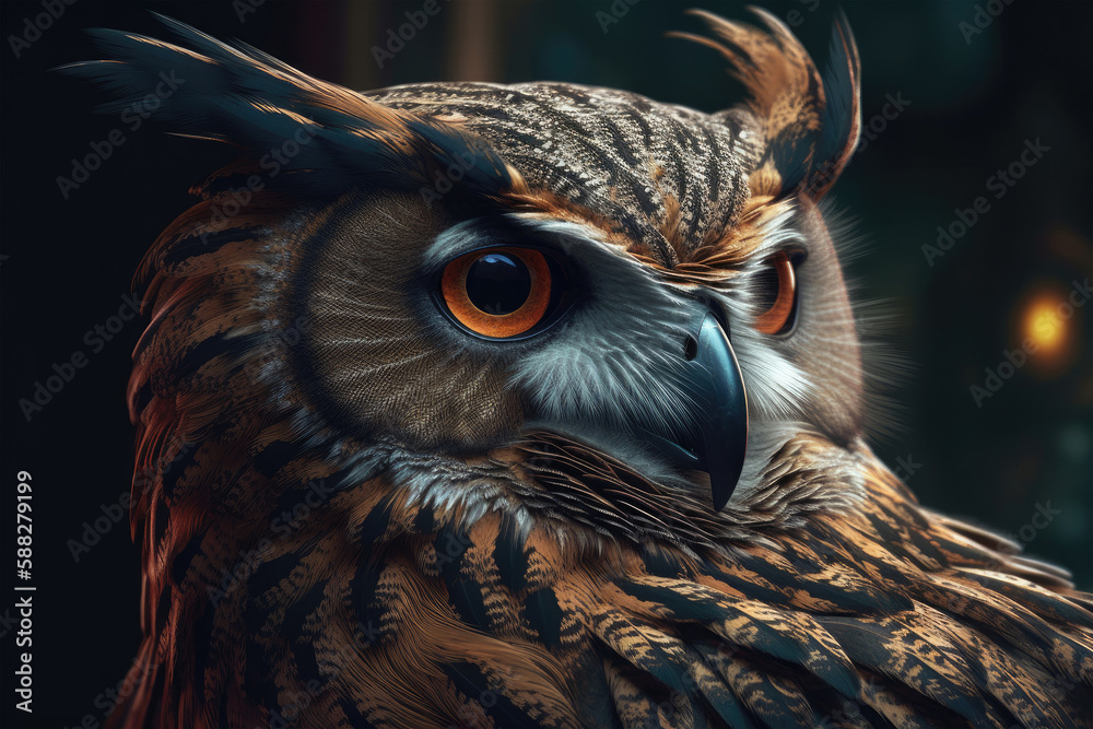 This highly detailed digital painting of an eagle owl with a metal beak ...