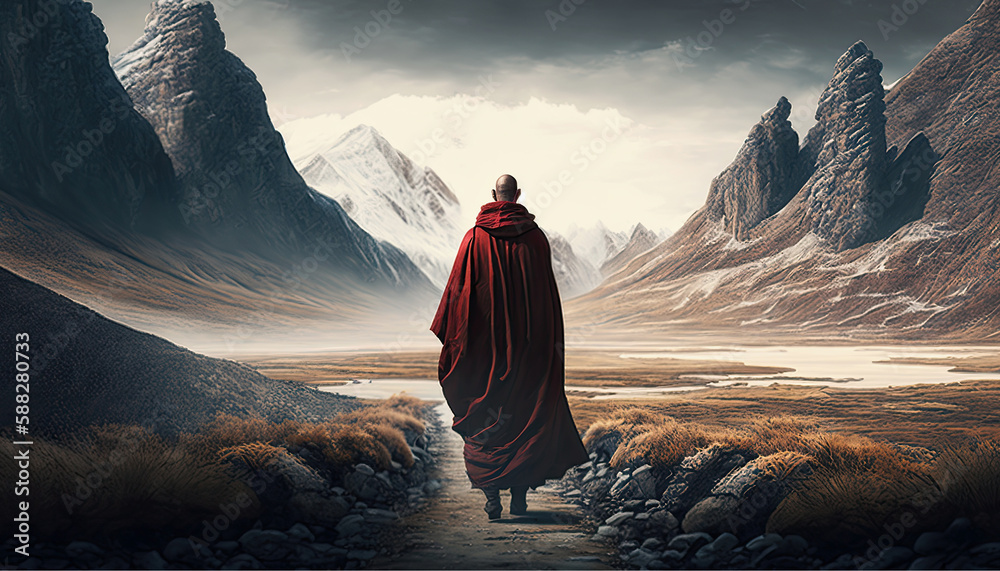 Tibetan monk in red robe walking on path among mountains rear view ...