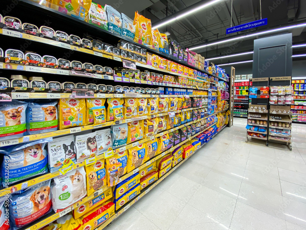 Bangkok Thailand - 1 April 2023: Many brands of pet food on shelves in ...