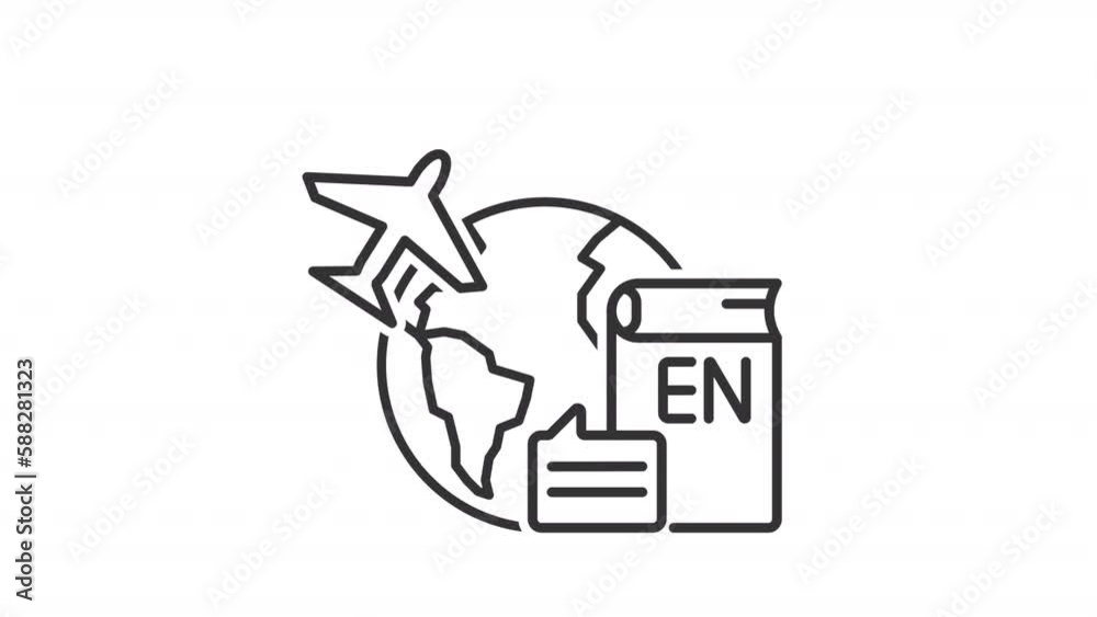 Language learning abroad animation. Plane flying around world. Travel ...