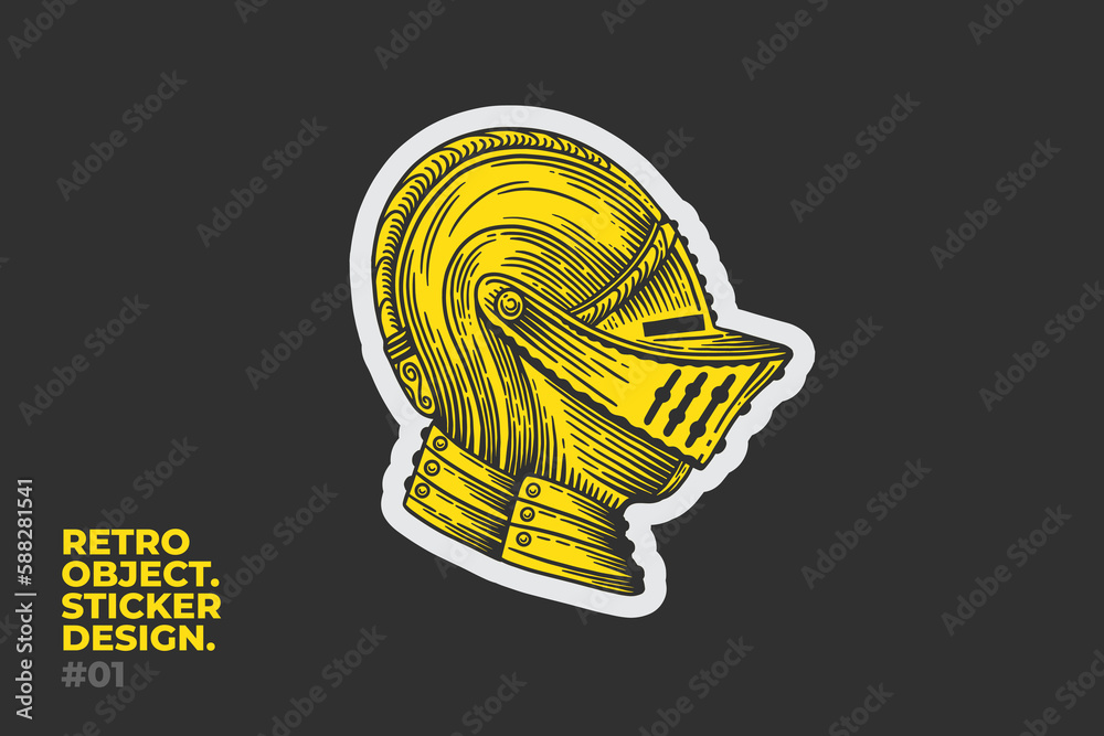Sticker with a knight's helmet in engraving style on a dark isolated ...