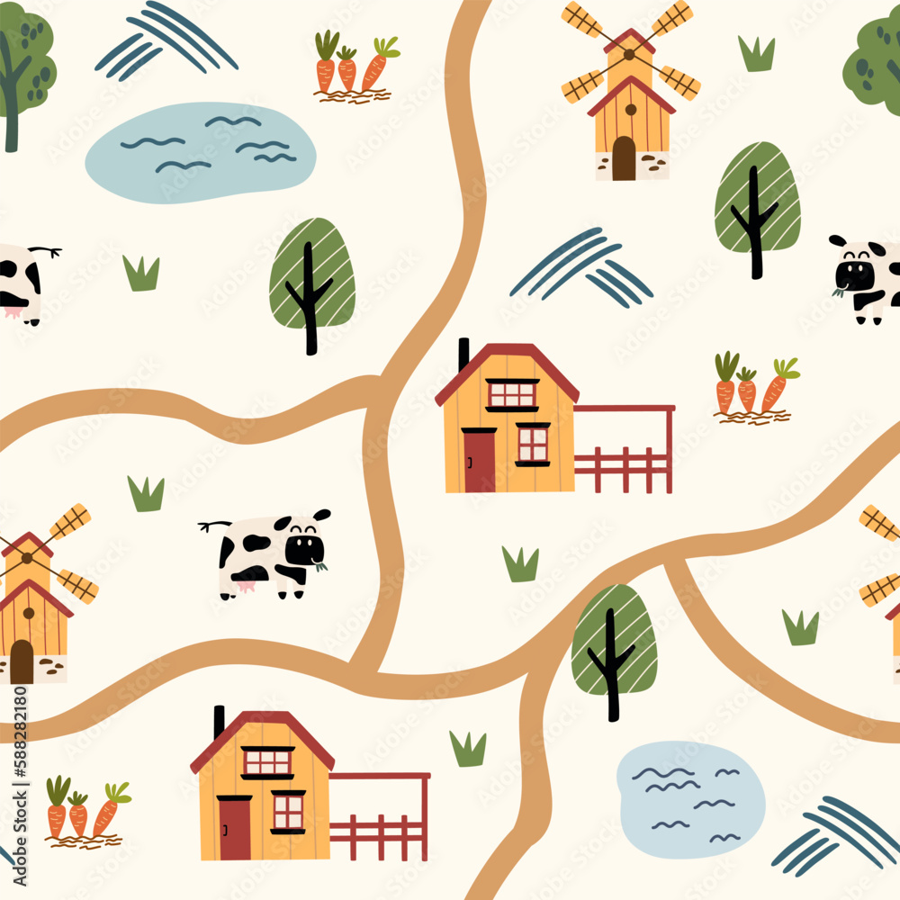 Village map seamless pattern. Background of a farm with houses, animals ...