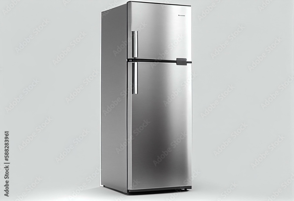 Top Mount Fridge Isolated on White Background. Front View of Stainless ...