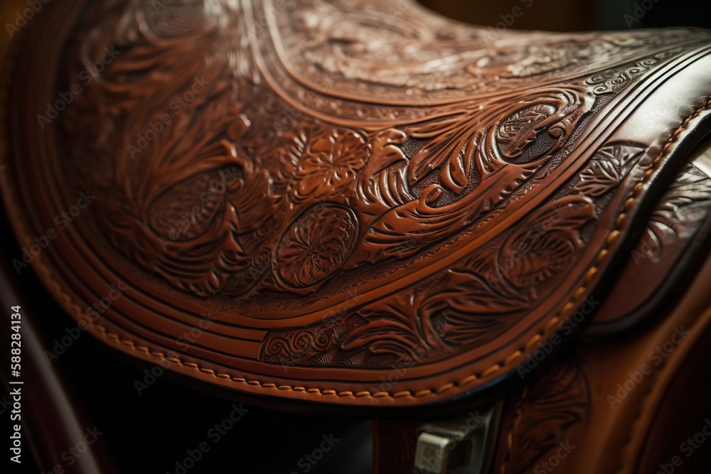 a close up of a saddle with a flower pattern on it's side and a black ...