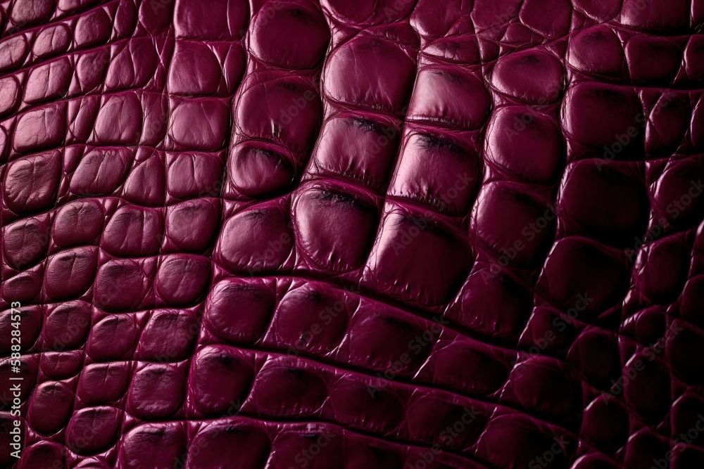 a close up of a red alligator skin textured with dark purple hues and a ...