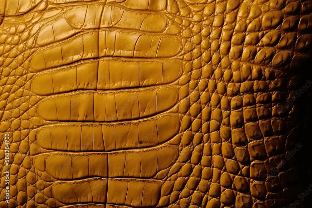 a close up of a yellow alligator skin textured with a dark background ...