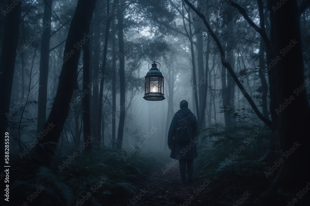 Ilustrace „ a person standing in a dark forest with a lantern hanging ...