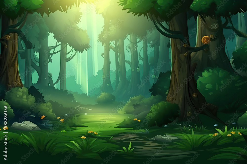 Game Art Fantasy Forest Environment, Concept illustration cartoon style ...