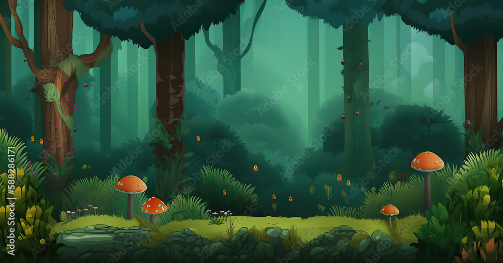 Game Art Fantasy Forest Environment, Concept illustration cartoon style, background created with ...