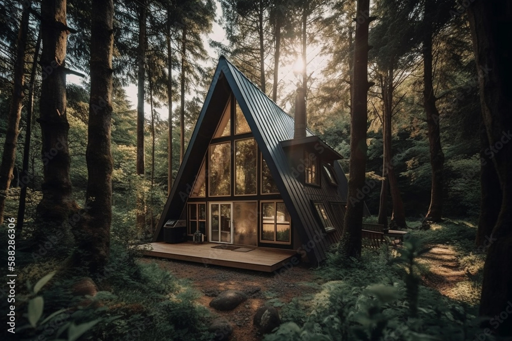 Soft light with A frame chalet desgin in the woods. Cabin in the shape ...