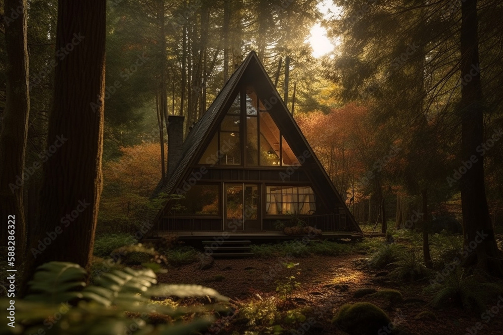 Soft light with A frame chalet desgin in the woods. Cabin in the shape ...