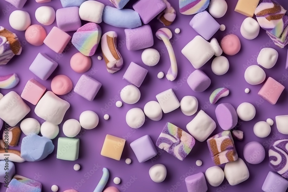 a purple background with marshmallows and other sweets on top of it and ...