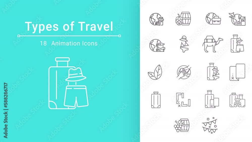 Types of travel linear animation. Flying abroad. Business trip. Family ...