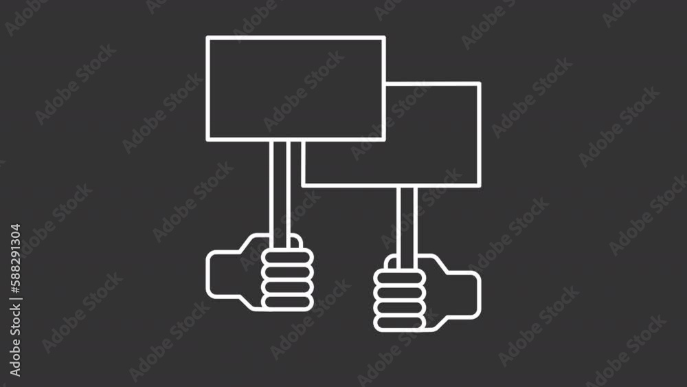 Protest white line icon animation. Activists rising up banners. Public ...
