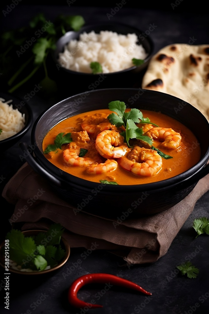Malabar prawn curry, served in a stylish black bowl garnished with ...