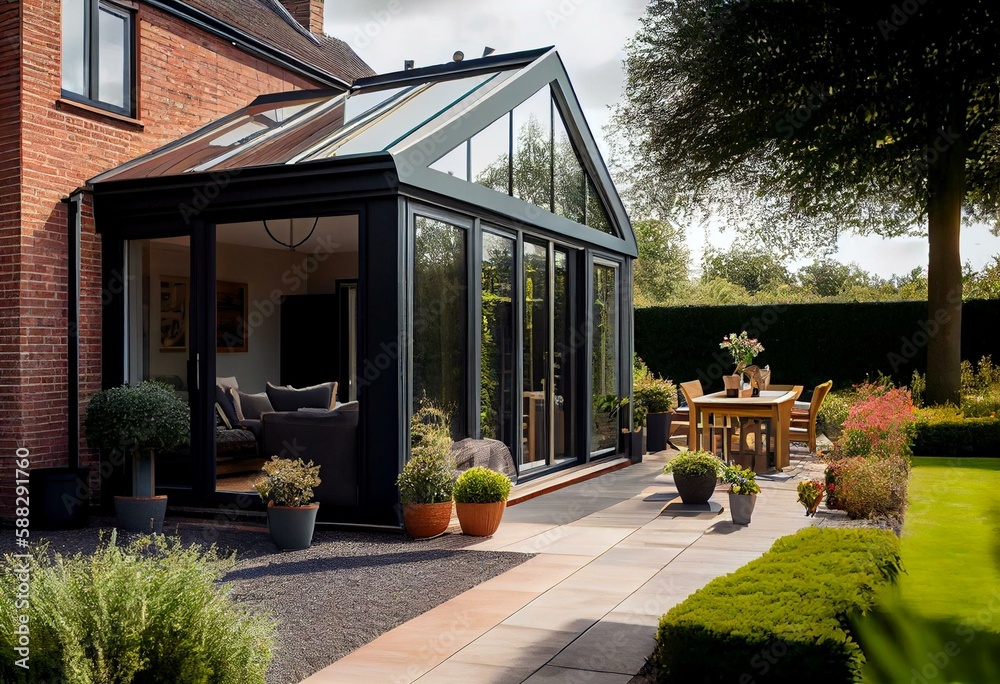 Sunroom extension on a modern bungalow with a low maintenance patio ...