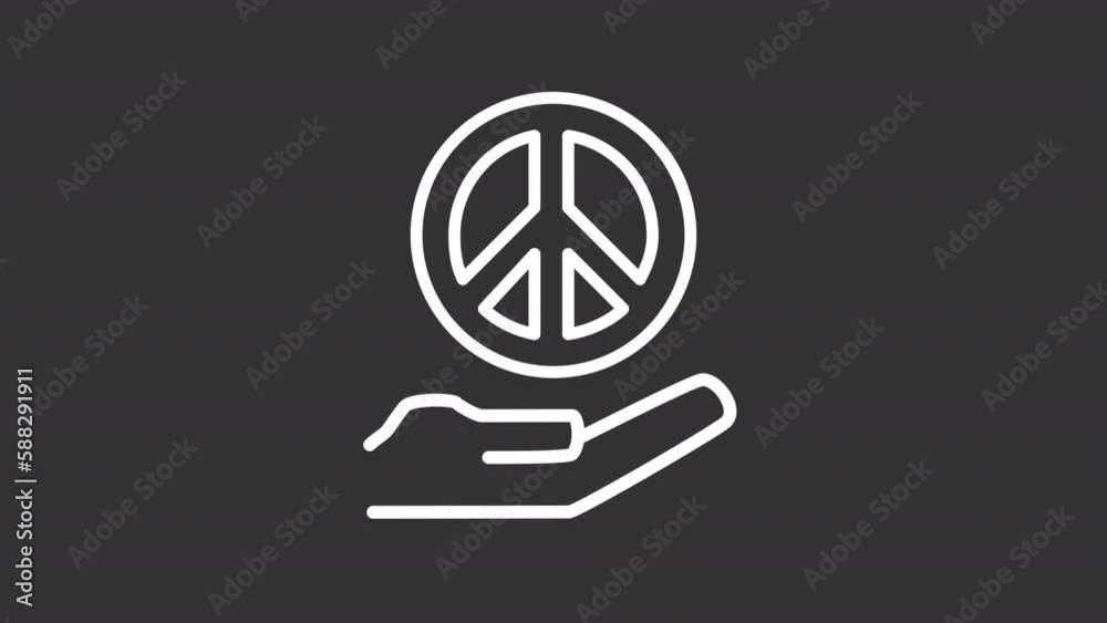 Animated CND symbol white line icon. Pacifism emblem floating over hand ...