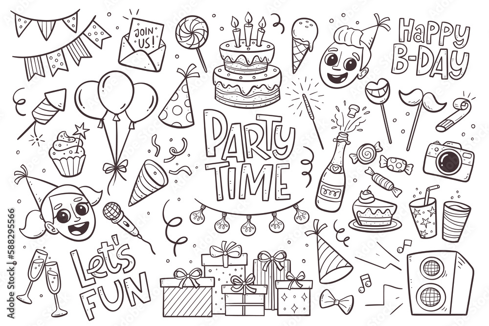 Kids party doodle elements for invitations, greeting cards, backgrounds ...