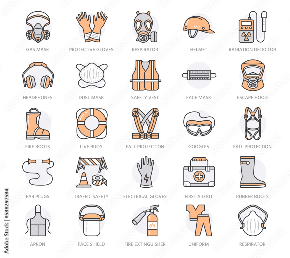 Personal protective equipment vector line icons. Gas mask, worker ...