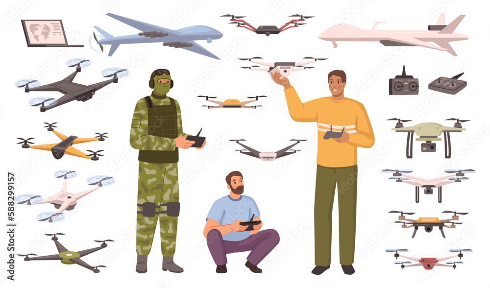 Unmanned drones used by military force and civil people. Isolated men ...