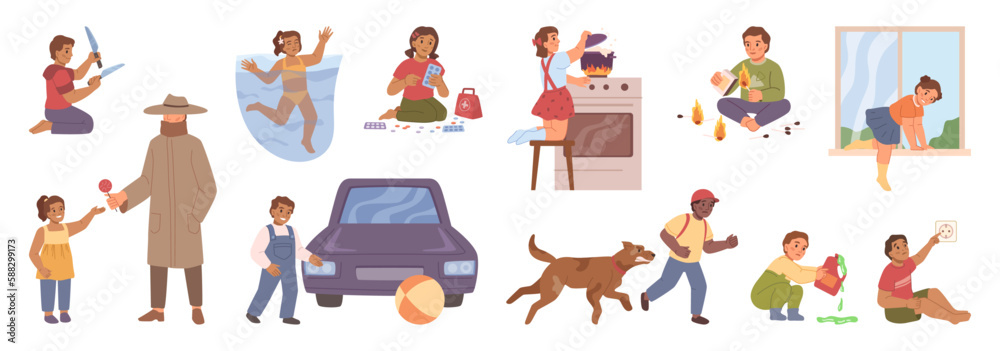 Danger at home or outside for children, isolated kids playing with ...