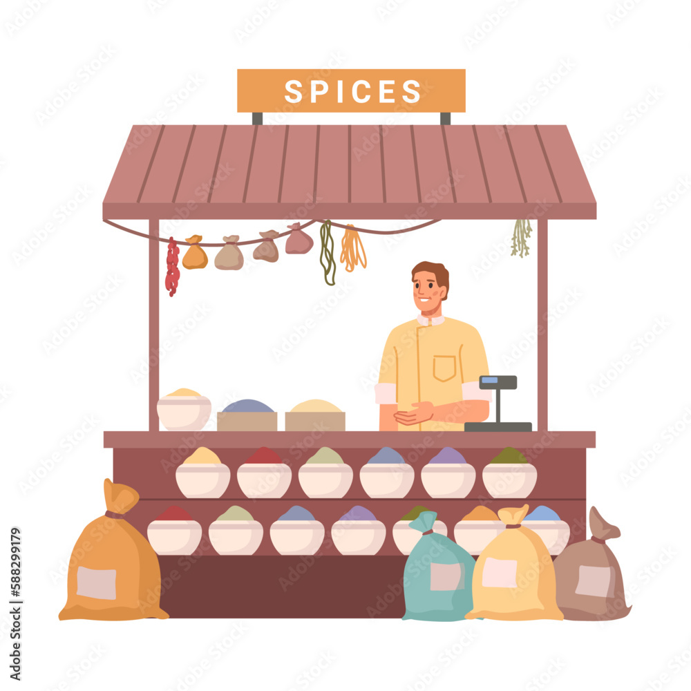 Kiosk or street stall selling spices and condiments for dishes and food ...