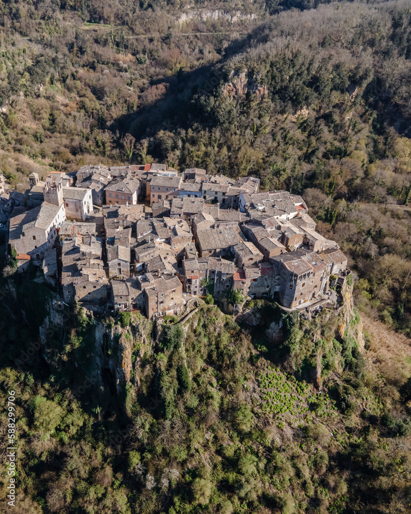 Aerial view of Calcata Vecchia, a medieval old town in Lazio Region ...