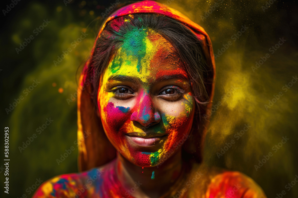 Laughing happy woman celebrating Holi holiday, folk festival of colors ...