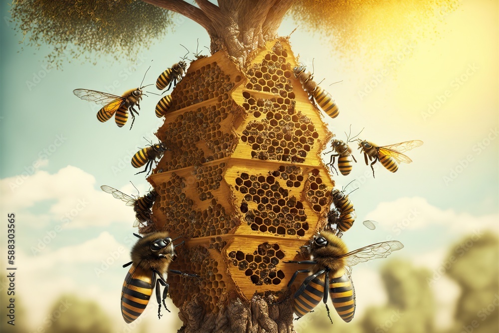 Bees hive nest on tree fairy tale background, created with generative ...