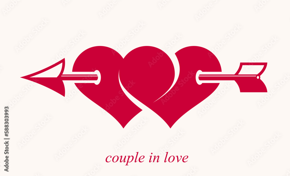 Double two hearts with cupid arrow from bow vector icon or logo ...