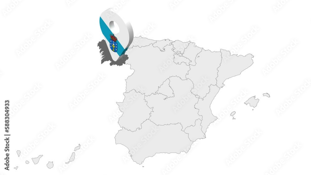 Location Galicia on map Spain. 3d Galicia flag map marker location pin ...