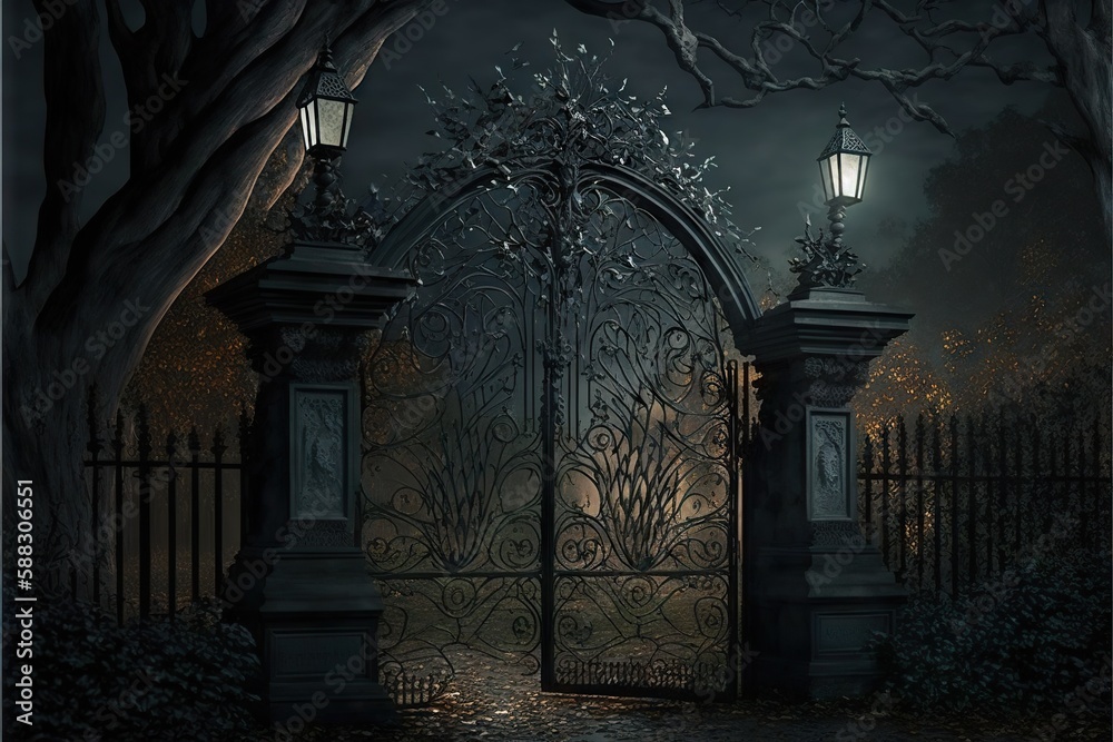 Graveyard gate scary wallpaper, created with generative ai Stock ...