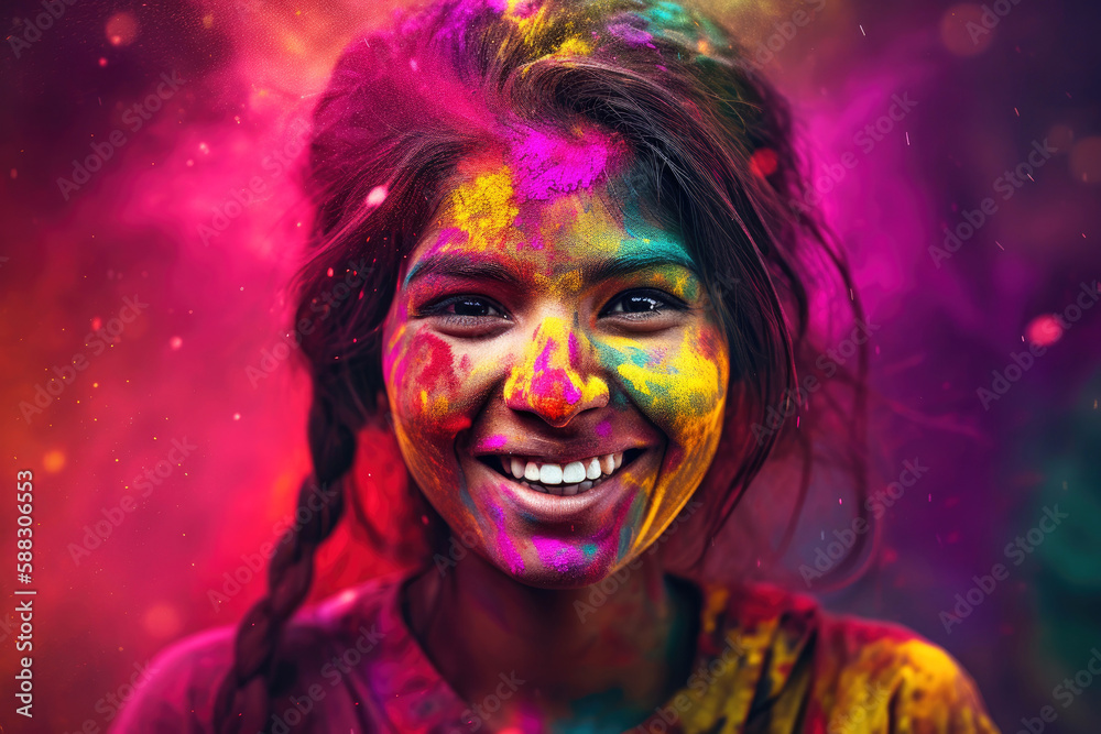 Laughing happy woman celebrating Holi holiday, folk festival of colors ...