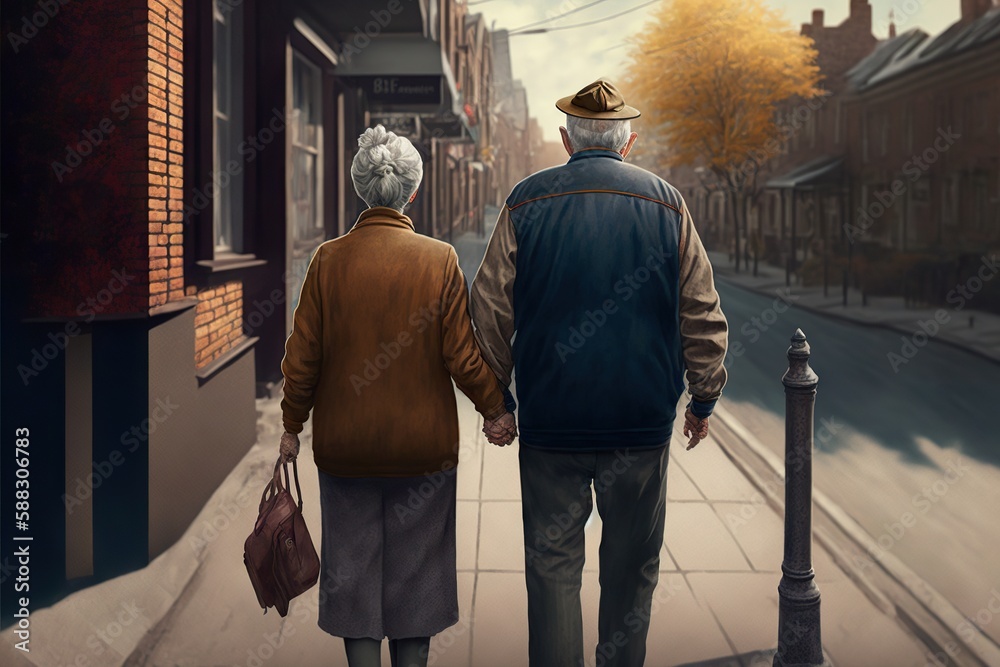 Grandma and grandpa walking down the street holding hands, back view ...