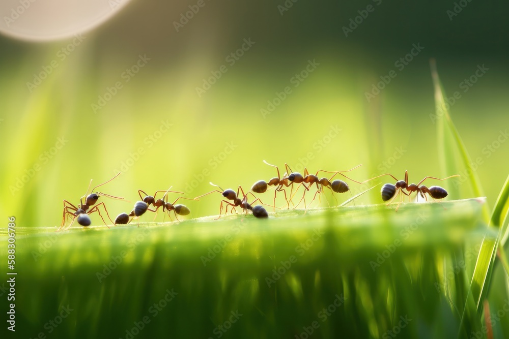 Team of ants running around the curved green blade of grass ...