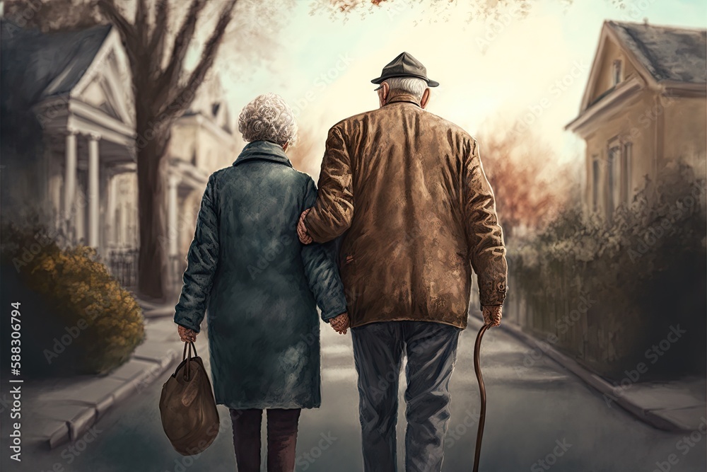 Grandma and grandpa walking down the street holding hands, back view ...