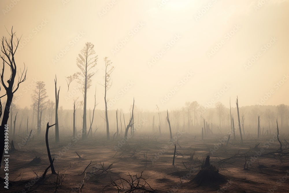 Stark image of deforestation's impact, with lone trees amid haze and ...
