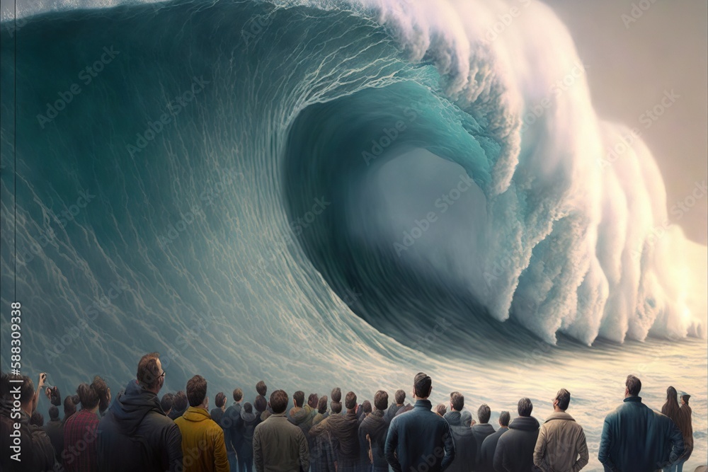 Crowd of people looking at huge tsunami waves on sea, created with ...