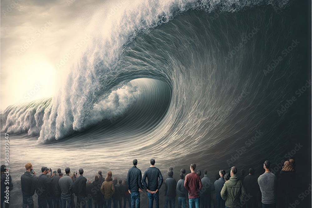 Crowd of people looking at huge tsunami waves on sea, created with ...