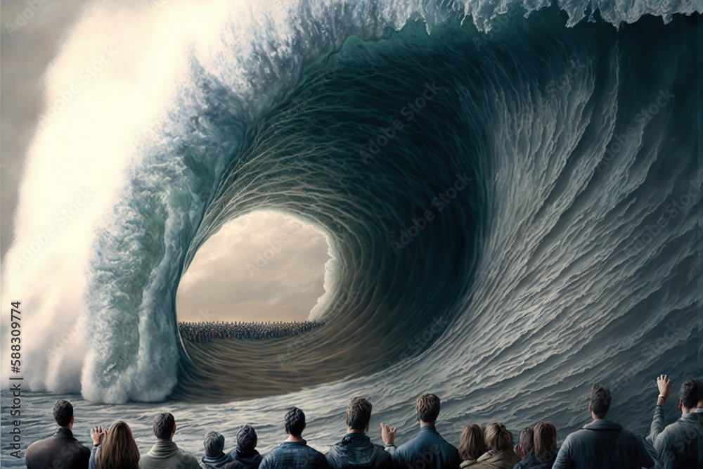 Crowd of people looking at huge tsunami waves on sea, created with ...