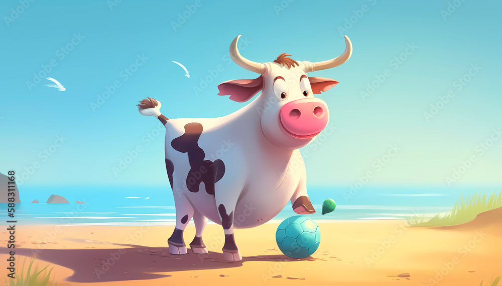 Cute Cow playing football in the beach , Cartoon , Generative AI ...