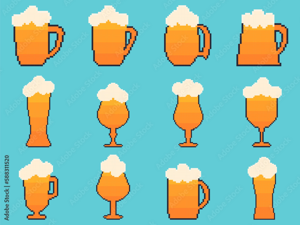 Pixel glasses of beer set isolated on blue background. Beer with foam ...